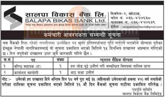 कर्मचारी आवश्यकता । Salapa Bikas Bank