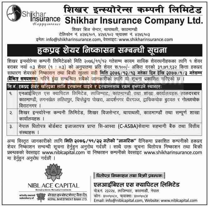 Rights Share Issue Notice Shikhar Insurance