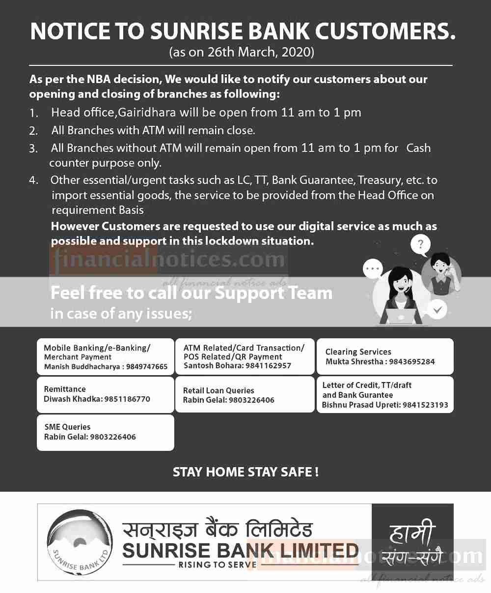 Notice & Support Number to our Valued Customers Sunrise Bank Limited