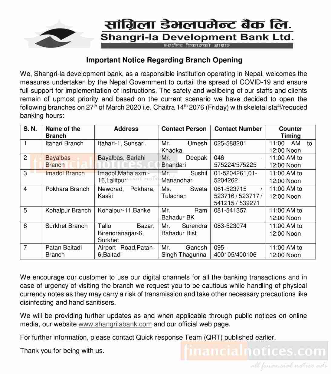 Branch Opening Notice Shangri-la Dev. Bank