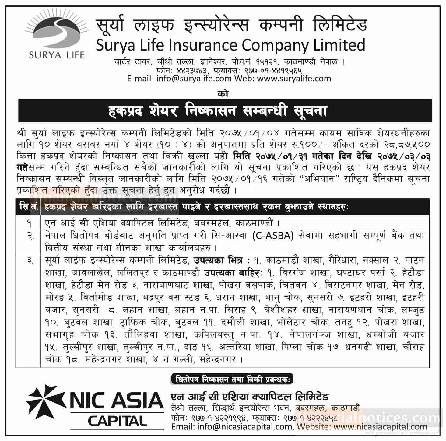 Right Share Issue Notice !!! SuryaJyoti Life Insurance
