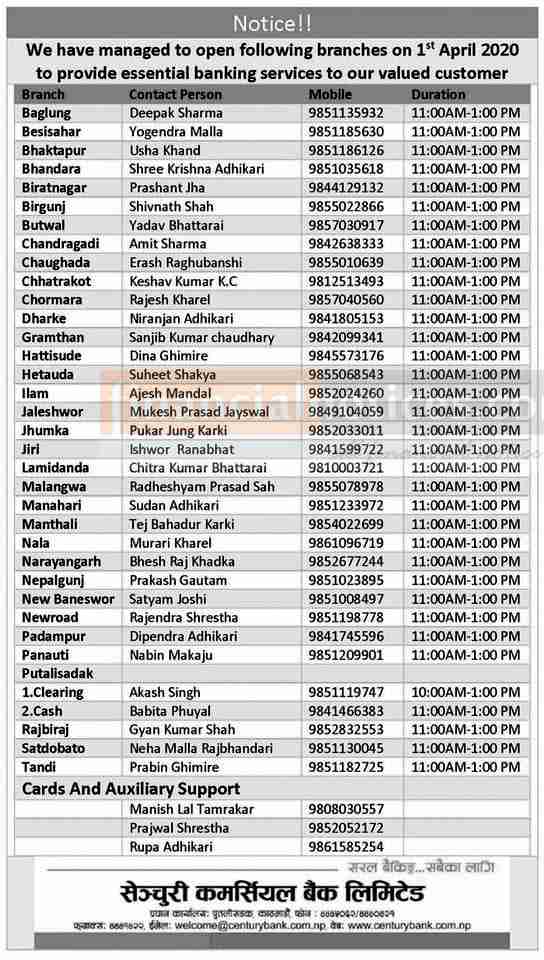 Important Notice Century Bank Ltd.