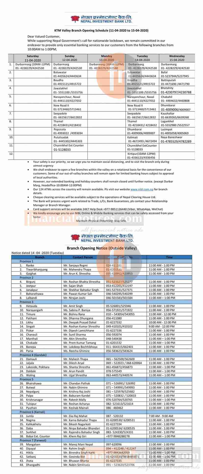 NIBL Branch Opening Schedule NIMB