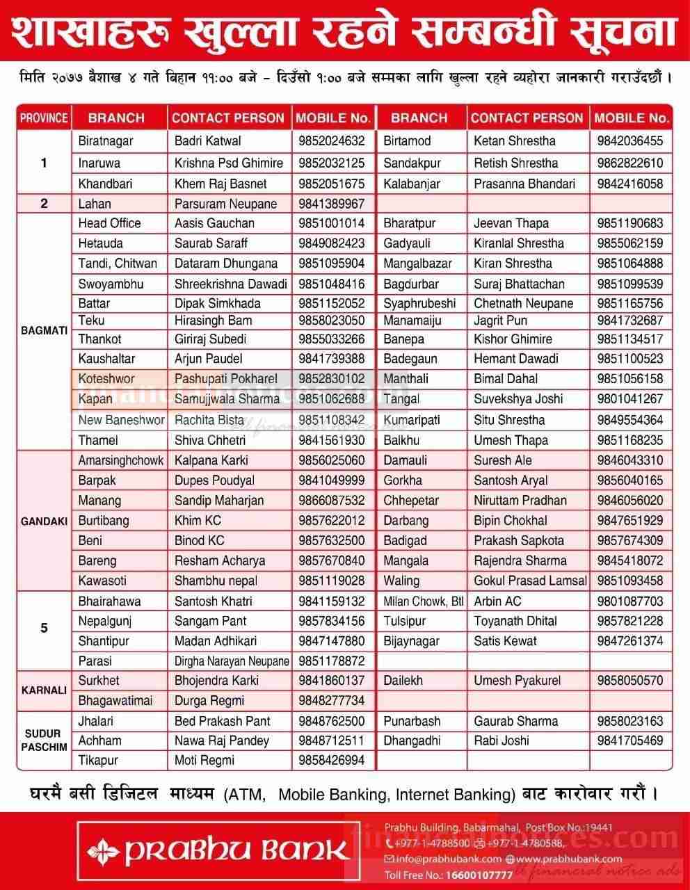 प्रभु बैंकका आज ४ गते खुल्ने शाखाहरु! Prabhu Bank