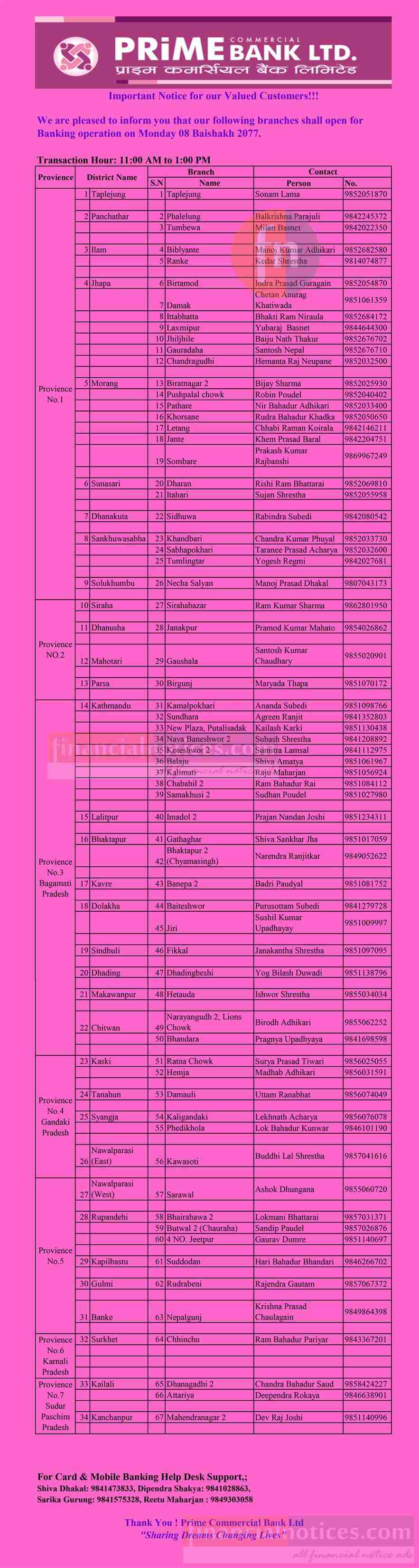 Prime Banking Hours Notice Prime Bank