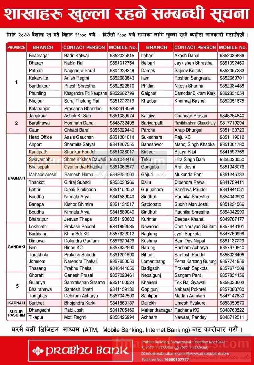 Branch Opening Schedule Prabhu Bank