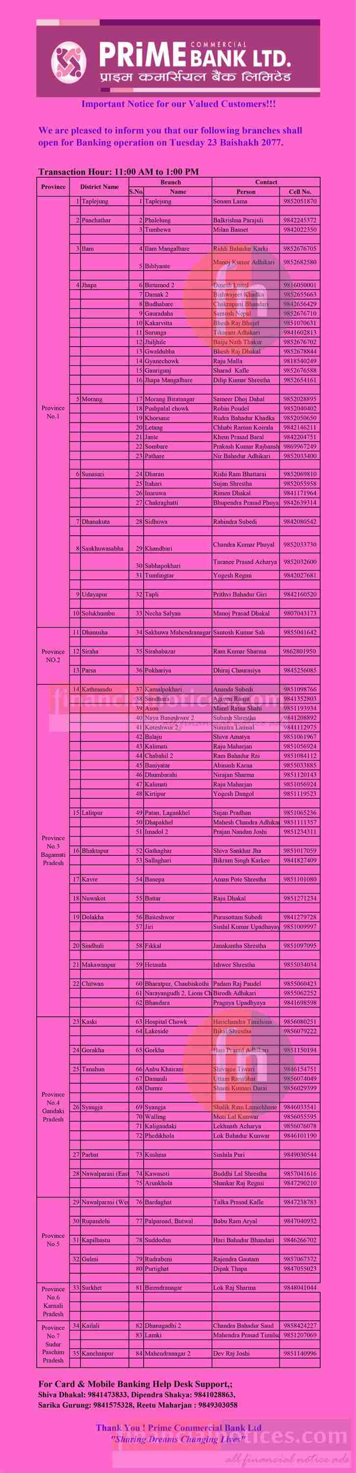 Prime Banking Hours Notice Prime Bank