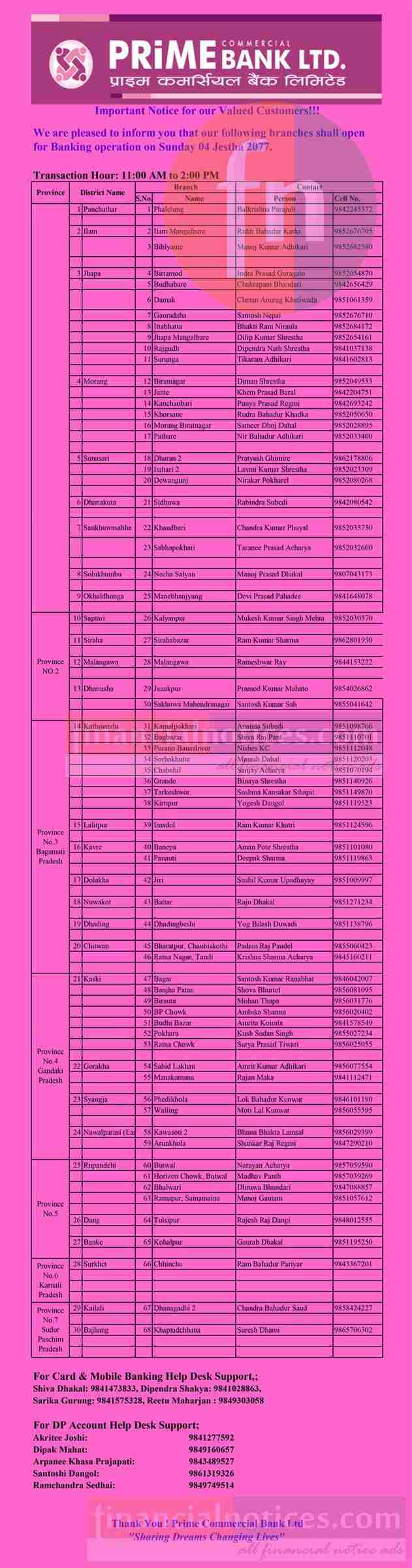 Prime Banking Hours Notice Prime Bank
