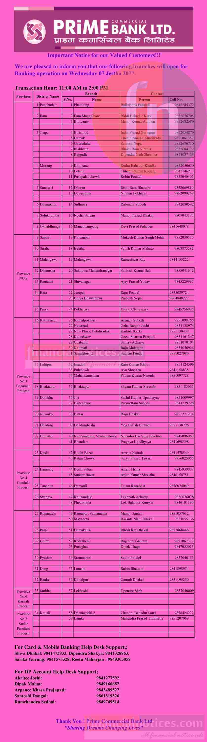 Prime Banking Hours Notice Prime Bank