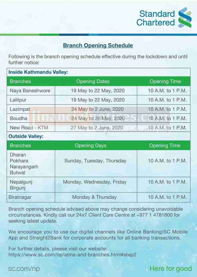 Banking Hours Notice Standard Chartered Bank