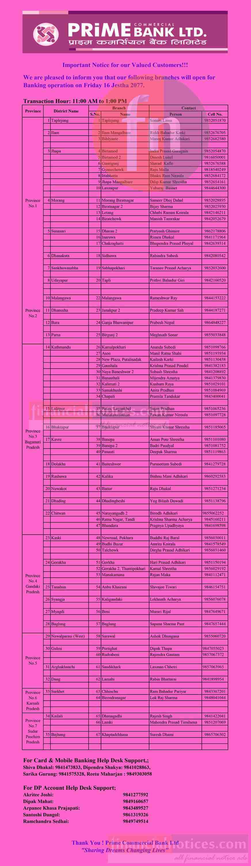 Prime Banking Hours Notice Prime Bank