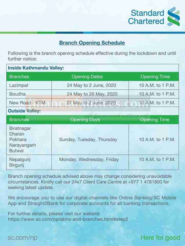 Branch Opening Schedule Standard Chartered Bank