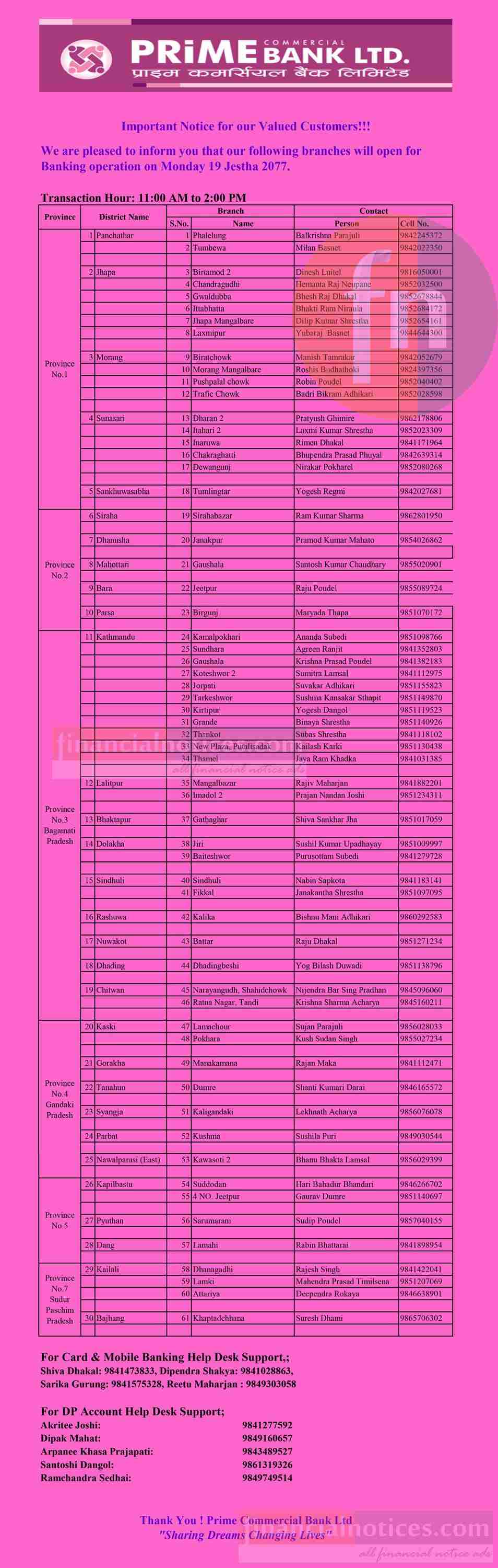 Prime Banking Hours Notice Prime Bank
