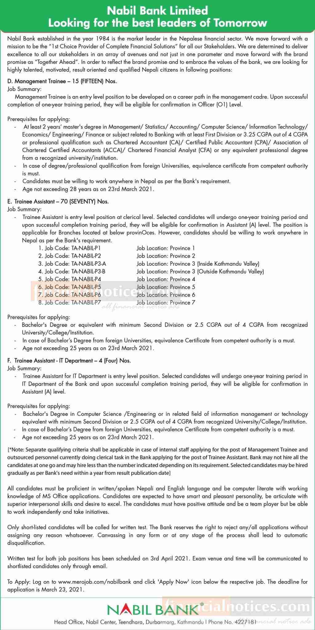 नबिल बैंकमा रोजगारीको अवसर Nabil Bank