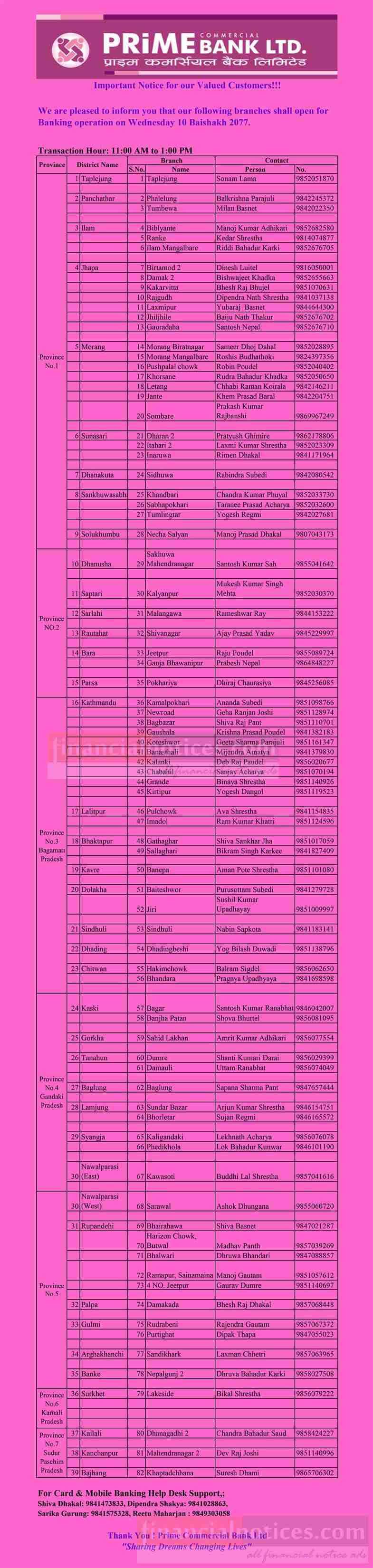 Prime Banking Hours Notice Prime Bank
